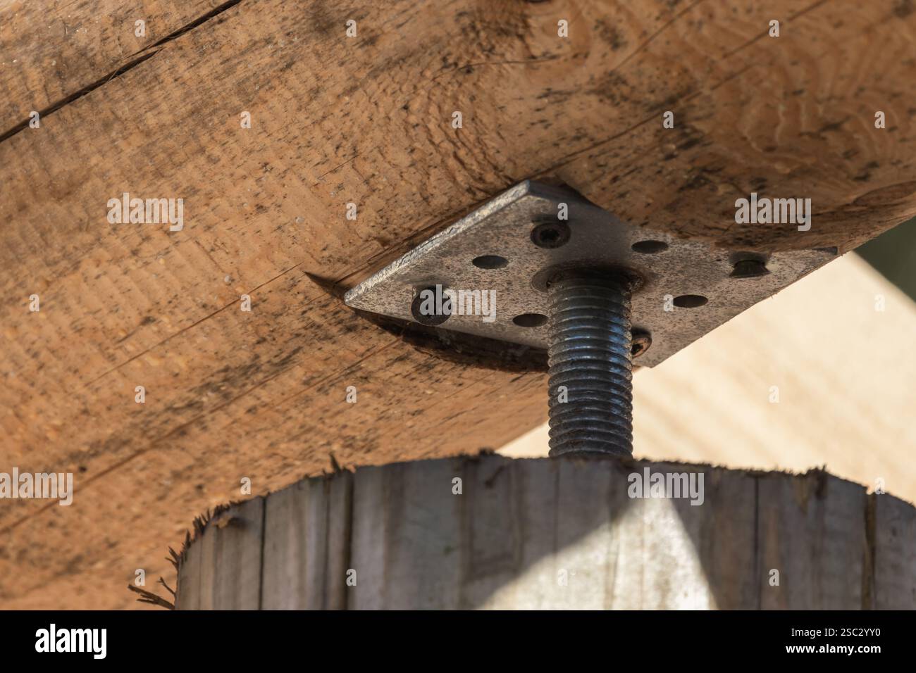 Bolted adjustable connection of a beam and column of a log house, close ...