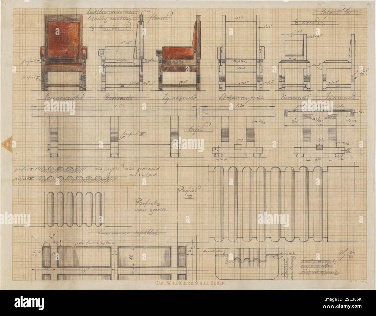 Opstanden doorsneden en profielen van het meubilair voor de ...