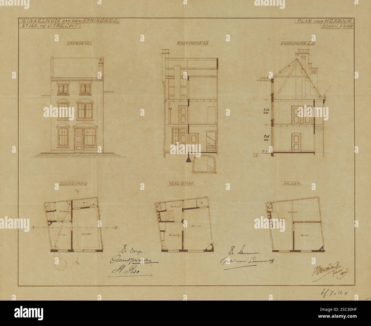 Plattegronden opstand en doorsneden van het ontwerp voor de herbouw van ...