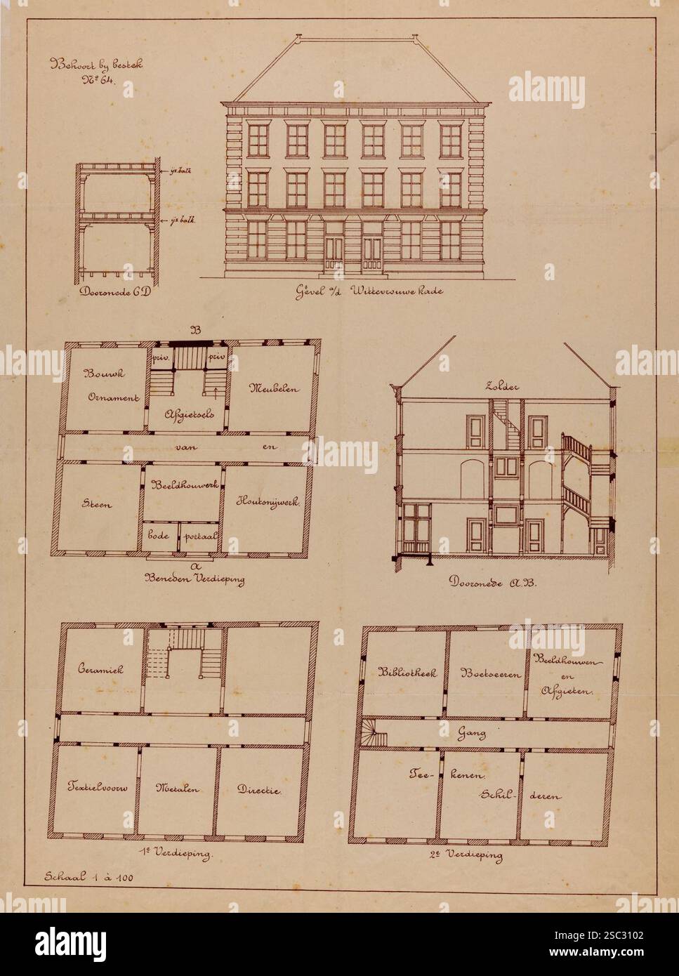 Plattegronden doorsneden en opstand van de voorgevel van het plan tot ...