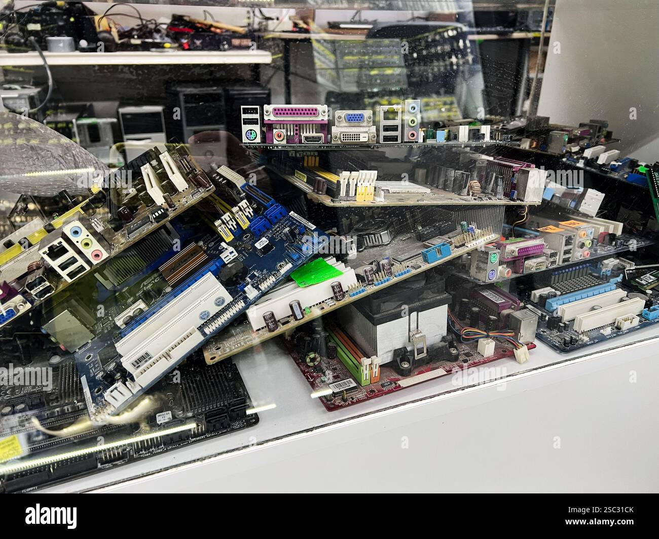 Kyiv, Ukraine - February 04, 2025: Stacked computer motherboards and ...