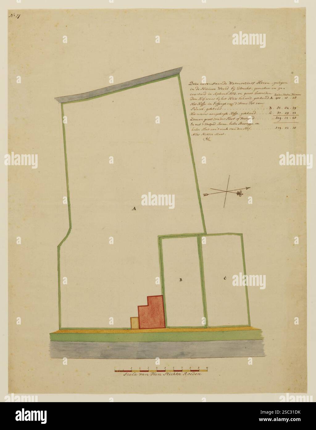 Kaart van drie percelen moestuin met huis in het westelijke gedeelte ...