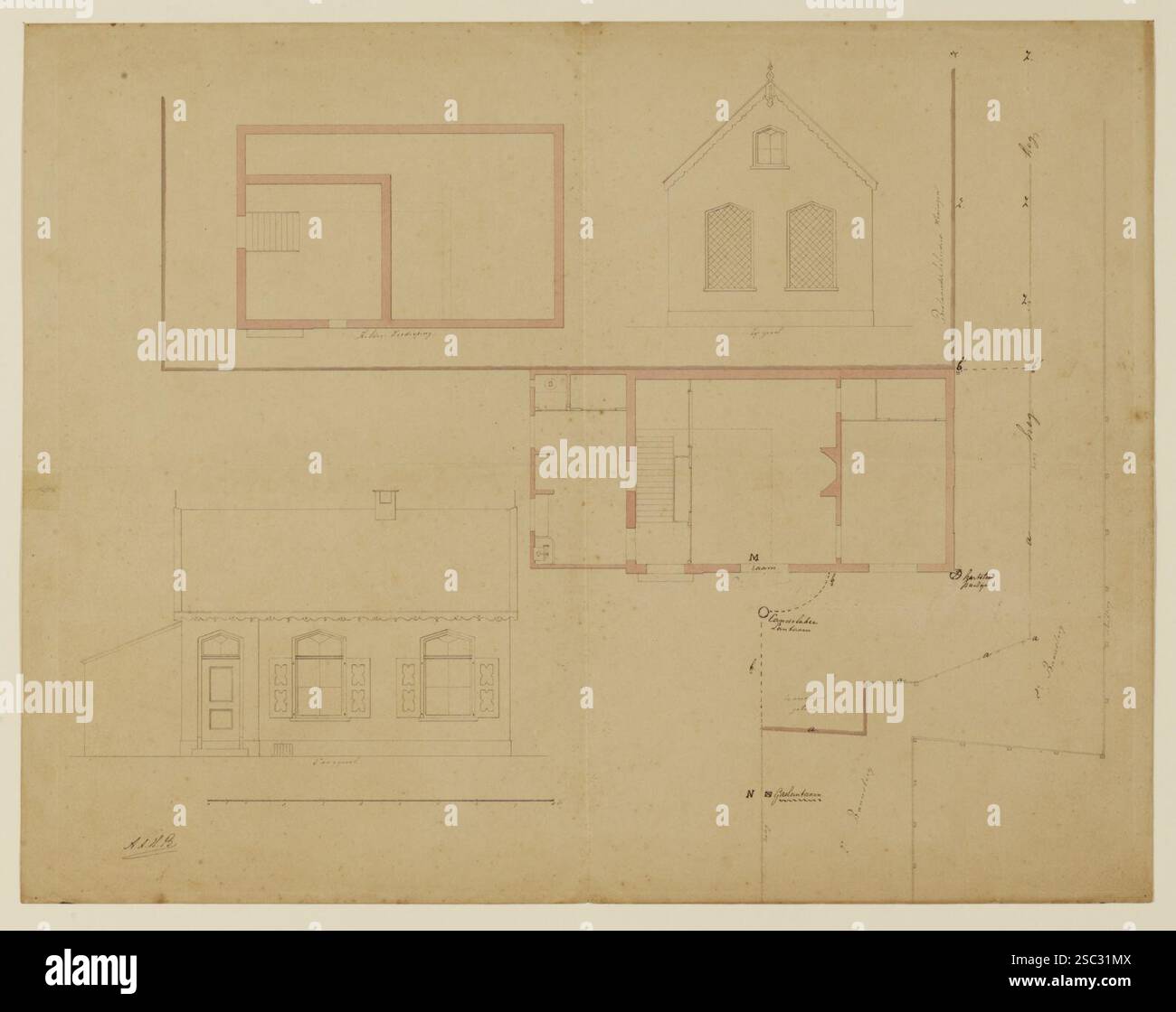 Plattegronden van de kelder en de begane grond en opstanden van de voor ...