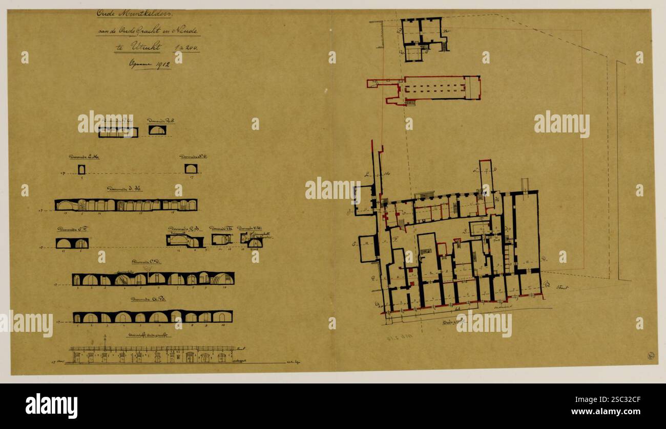 Plattegronden opstand en doorsneden van het gebouwencomplex van de ...