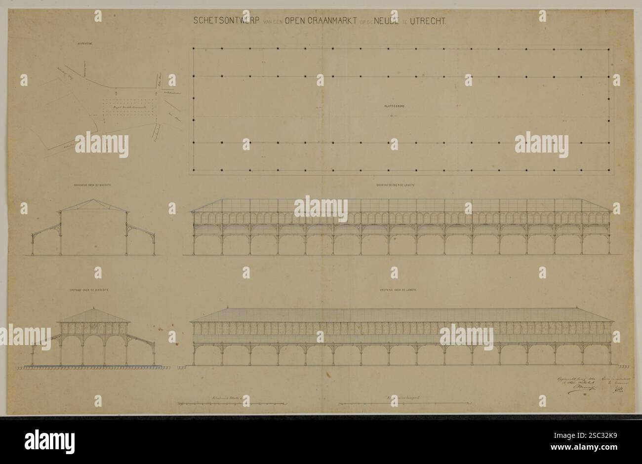 Plattegrond opstanden en doorsneden van het ontwerp voor een open ...