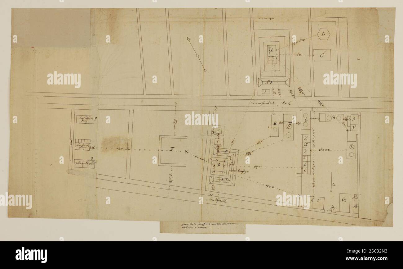 Plattegrond van het gebouwencomplex van de kruitmolen gelegen tussen de ...