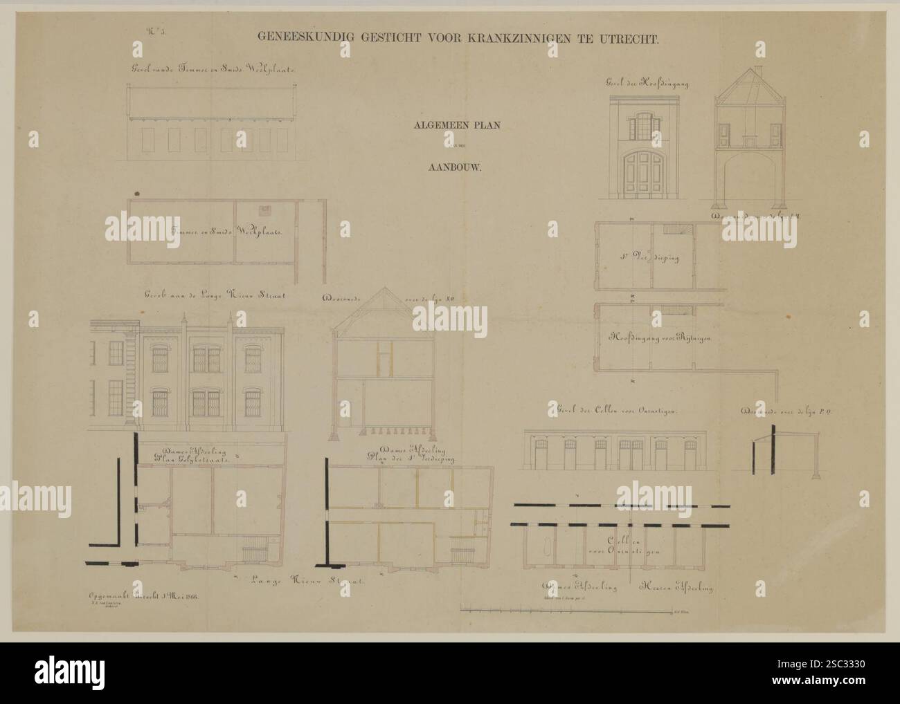 Plattegronden doorsneden en opstanden van een gedeelte van de ...