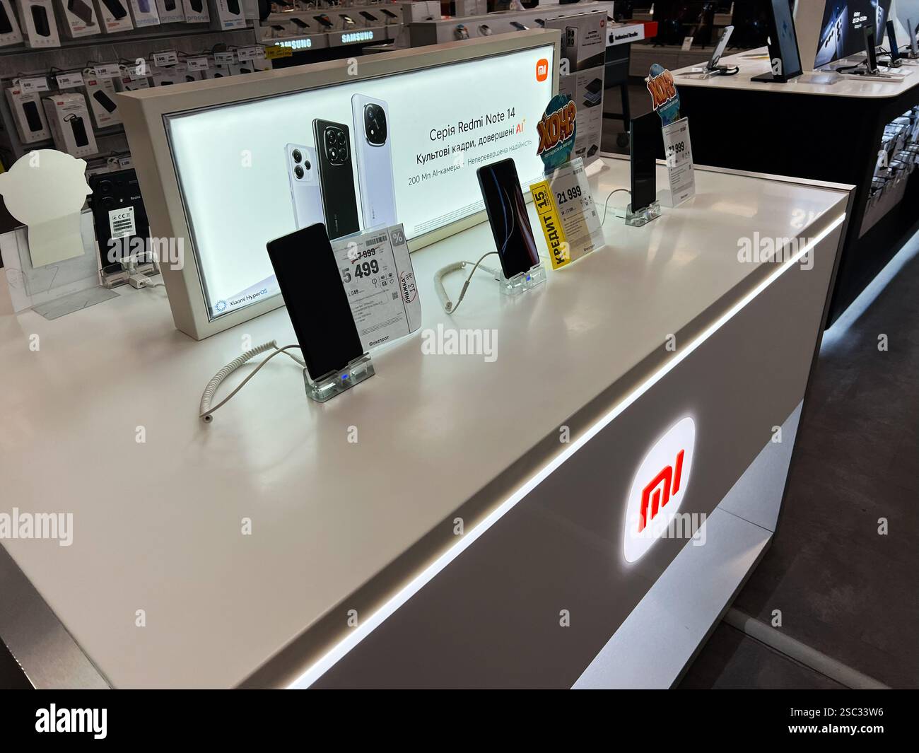 Kyiv, Ukraine - February 04, 2025: Smartphone display at an electronics ...