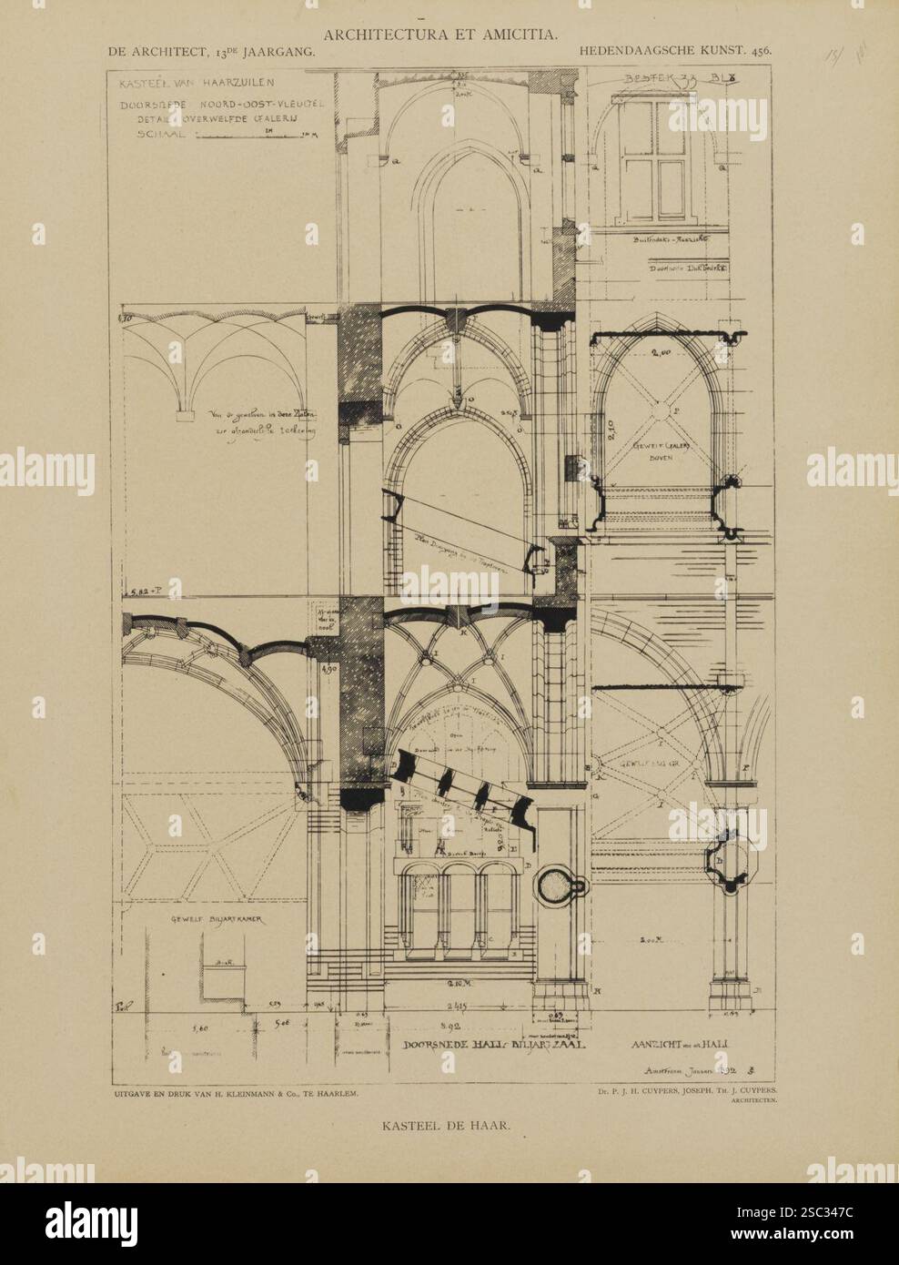 Doorsneden plattegronden en aanzichten van de constructie van de ...