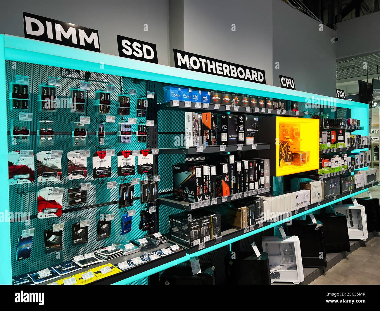 Kyiv, Ukraine - February 04, 2025: Computer store display of hardware ...