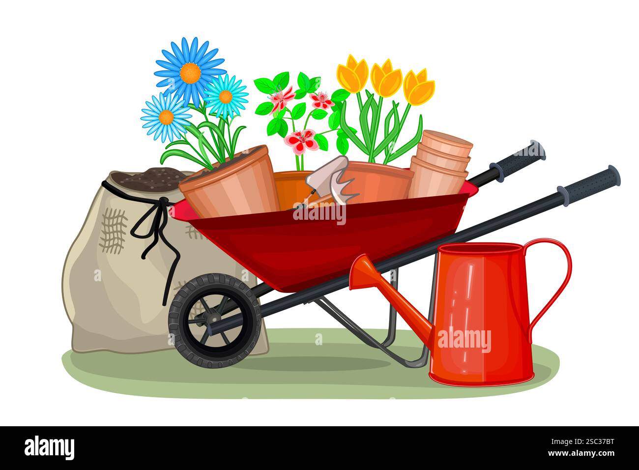 Wheelbarrow with flowers, pots, watering can and soil. Garden trolley ...