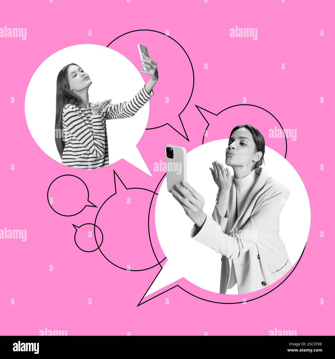 Two young woman in speech bubbles having online video call or taking ...