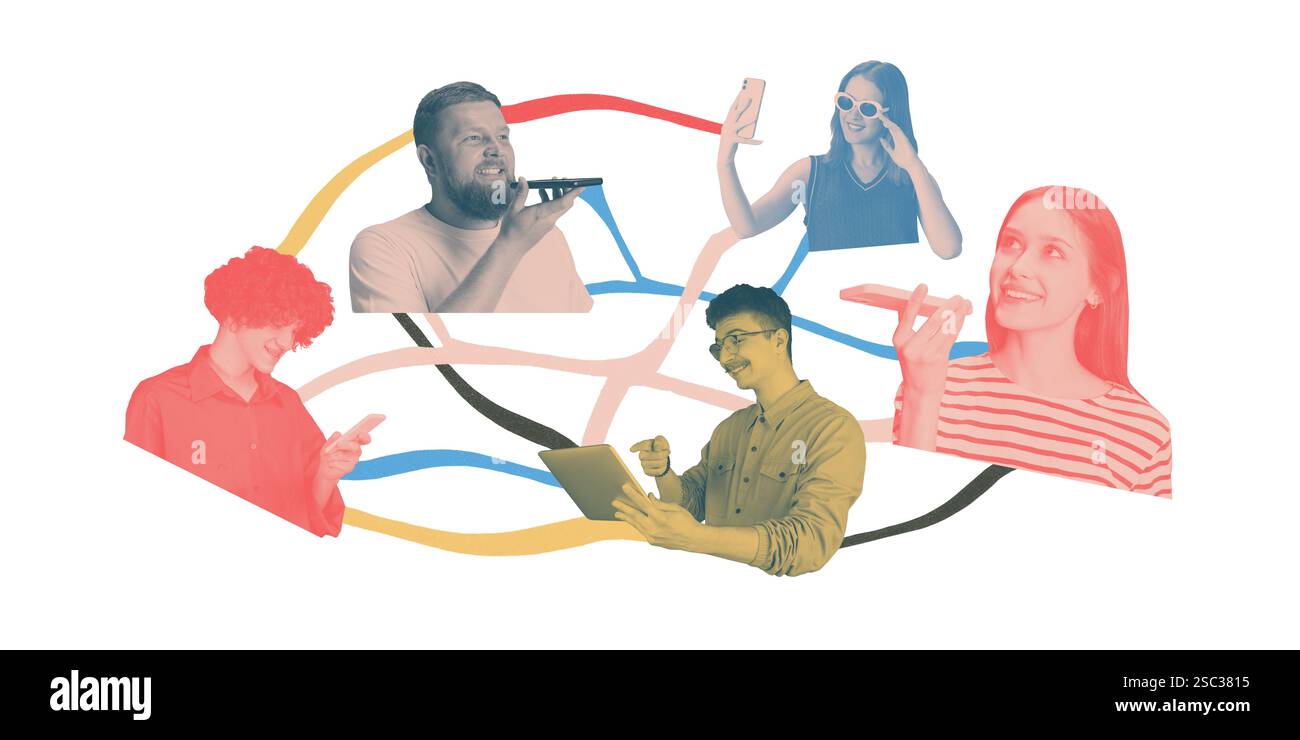 Different people connected by virtual colorful lines, communicating online through messages ...
