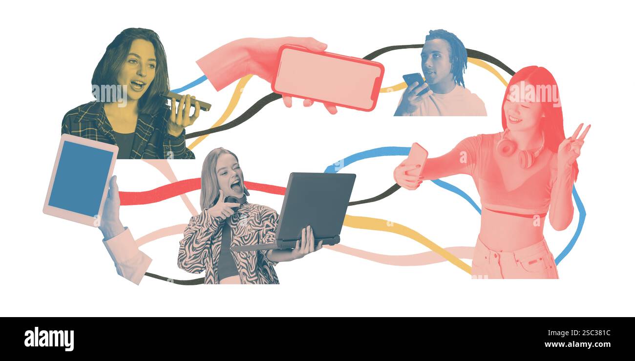 Group of different people use smartphones and laptops, exchanging ...