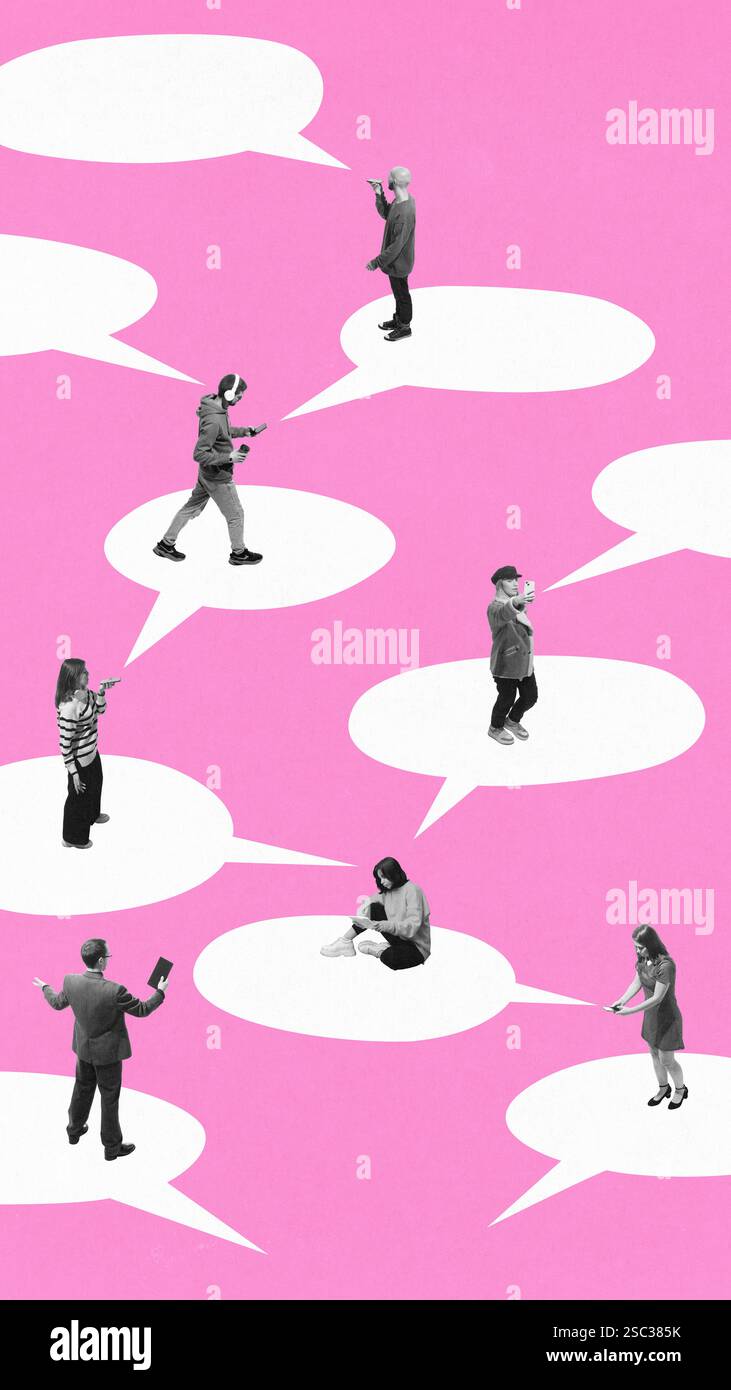 Different people interact with devices on speech bubbles against pink ...