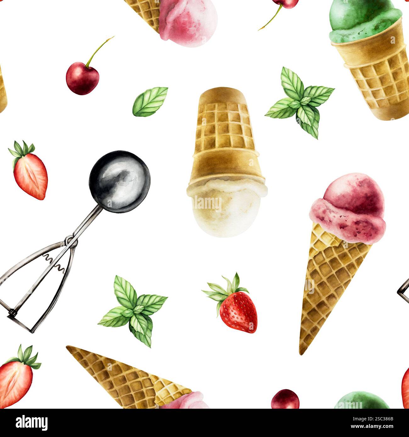 Seamless pattern with vanilla and strawberry, raspberry ice cream in ...