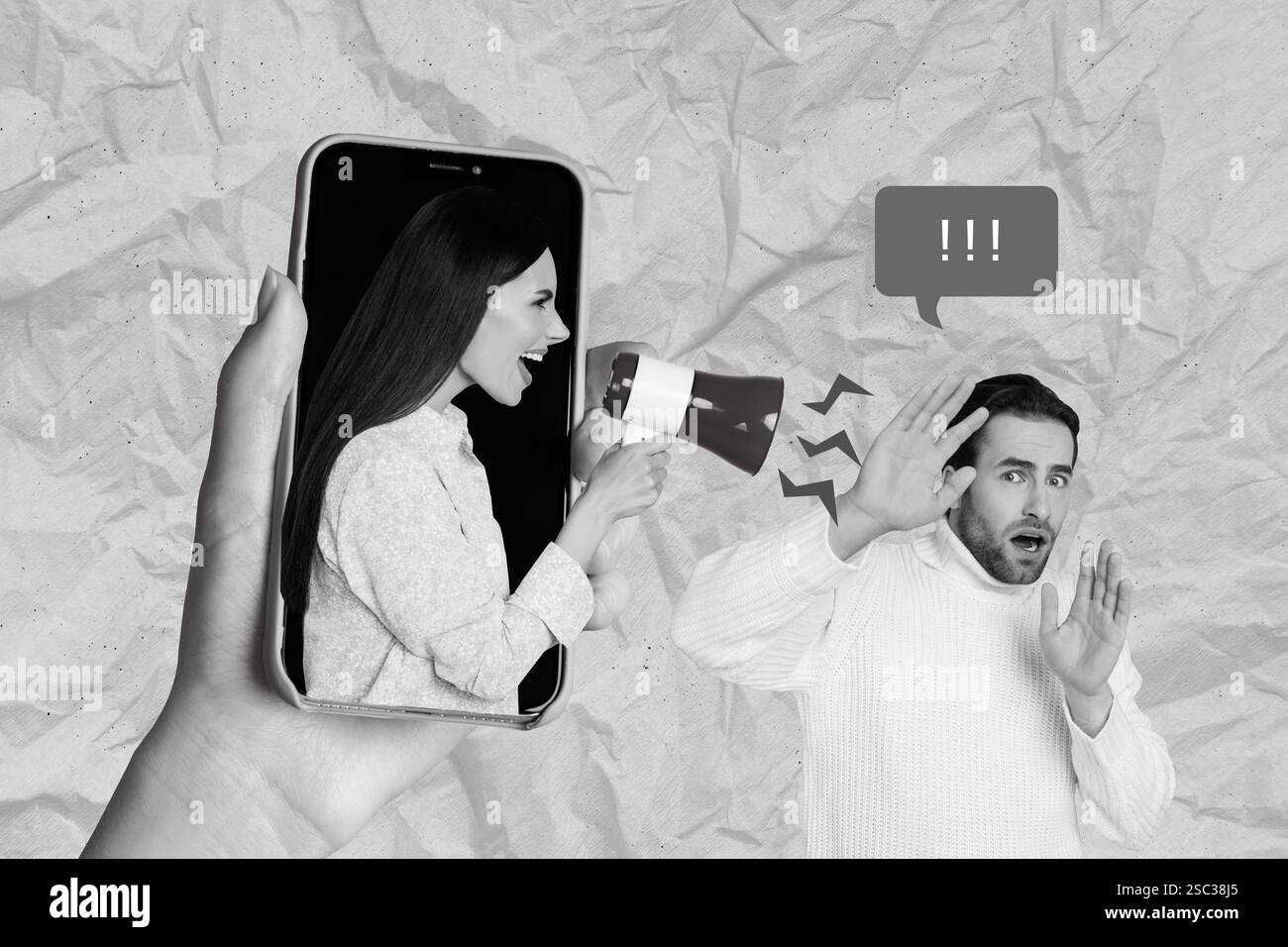 Collage photo of young business woman screaming remote inside phone ...