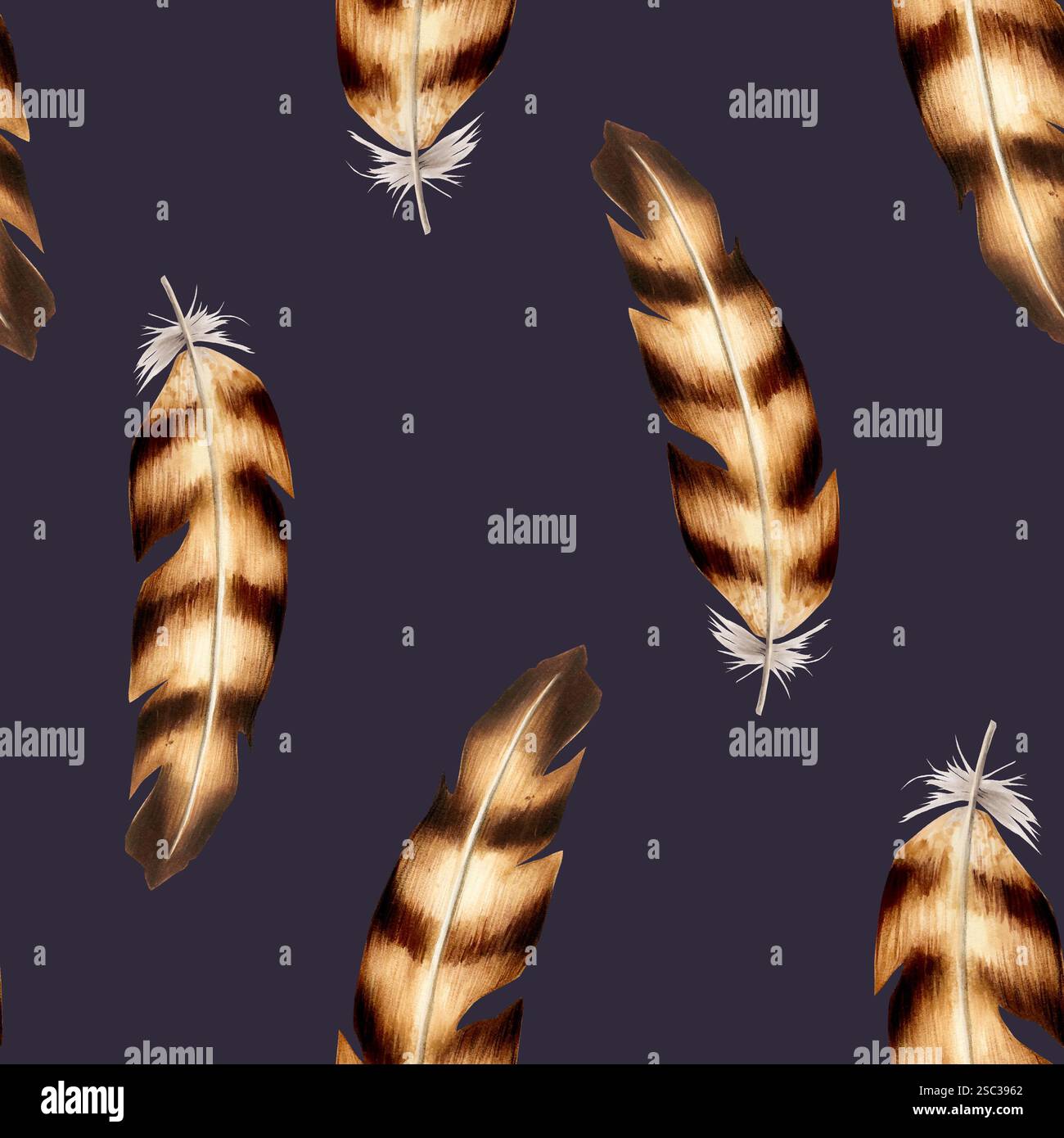 Hand drawn seamless pattern with feather, watercolor realistic boho ...