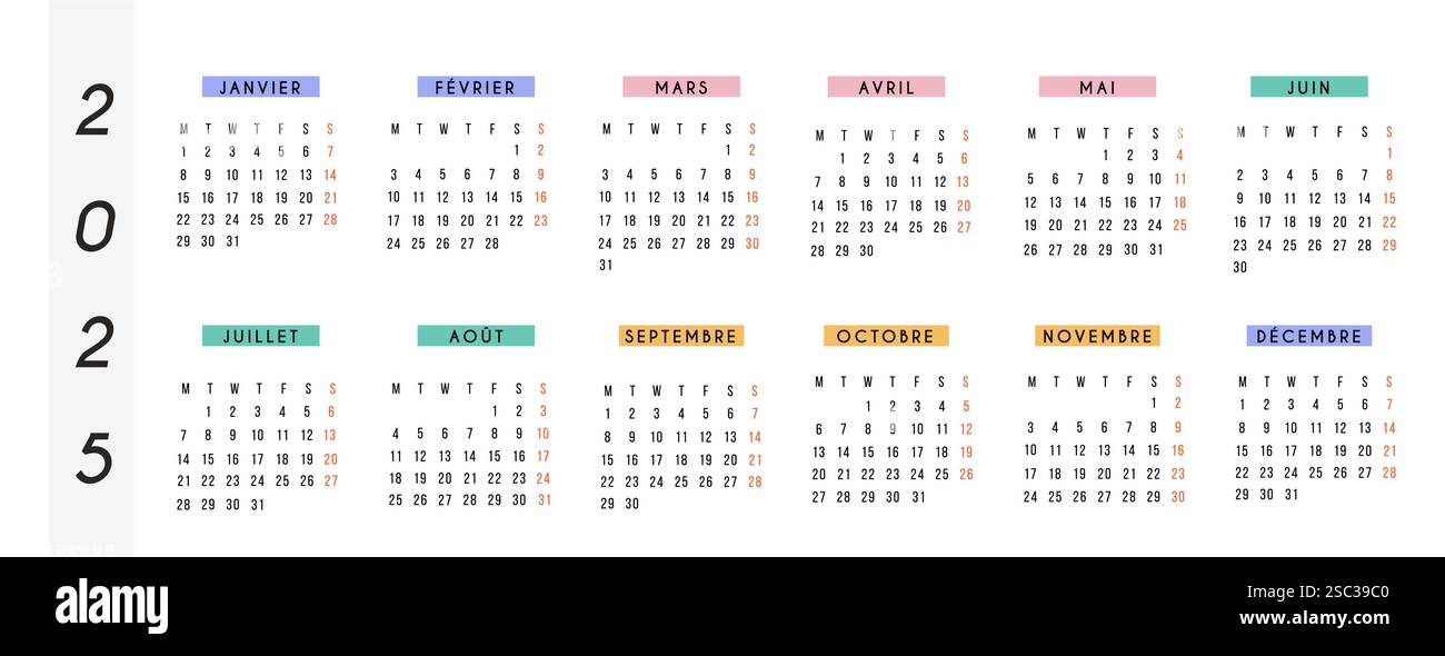 Modern 2025 French calendar with a minimalist horizontal layout. Color ...