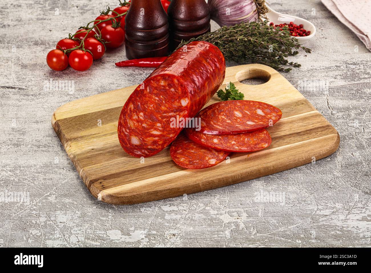 Tasty Italian Chorizo sausage with slices Stock Photo - Alamy
