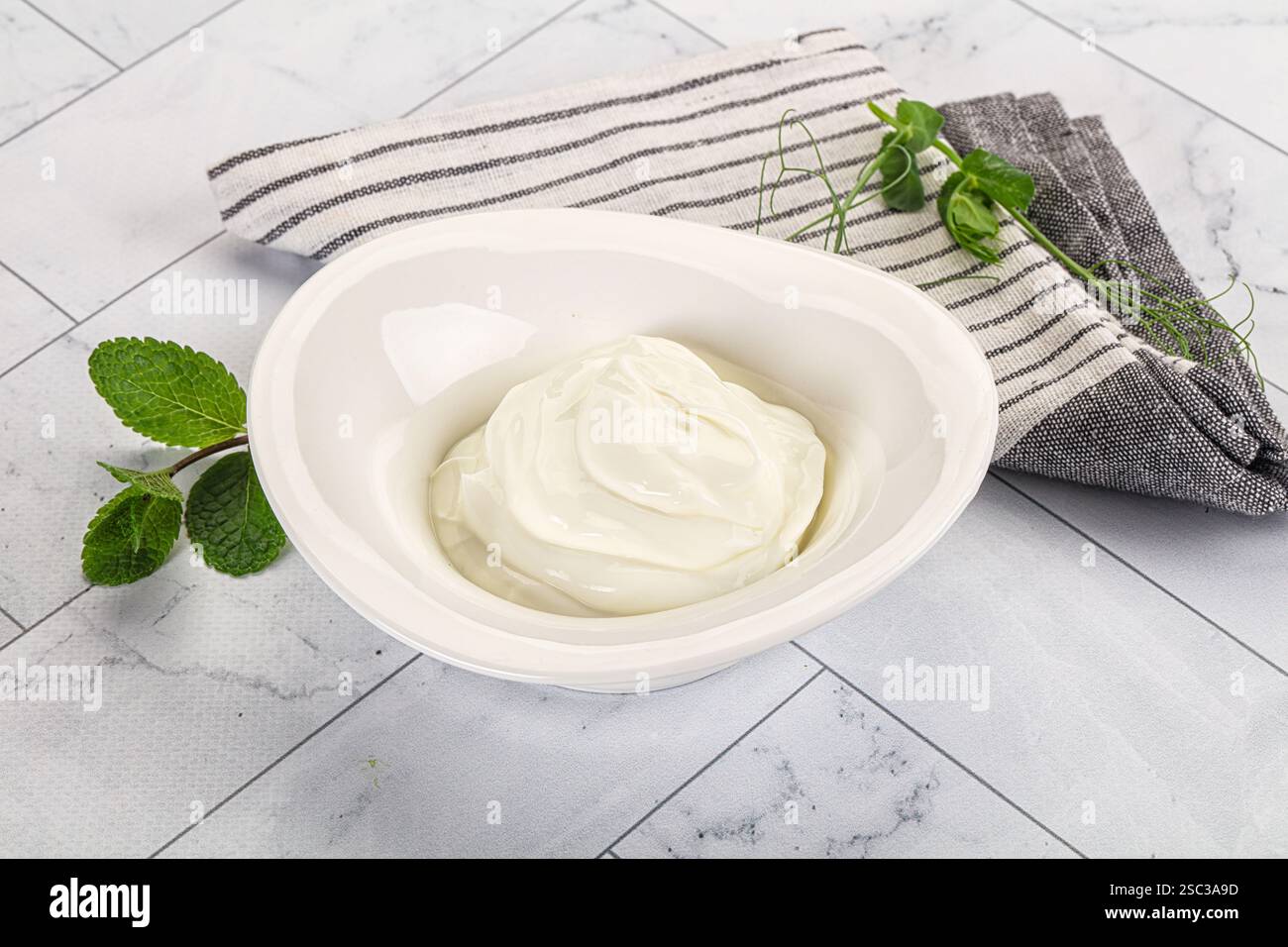Traditional soft dietary Greek yoghurt served mint leaves Stock Photo ...