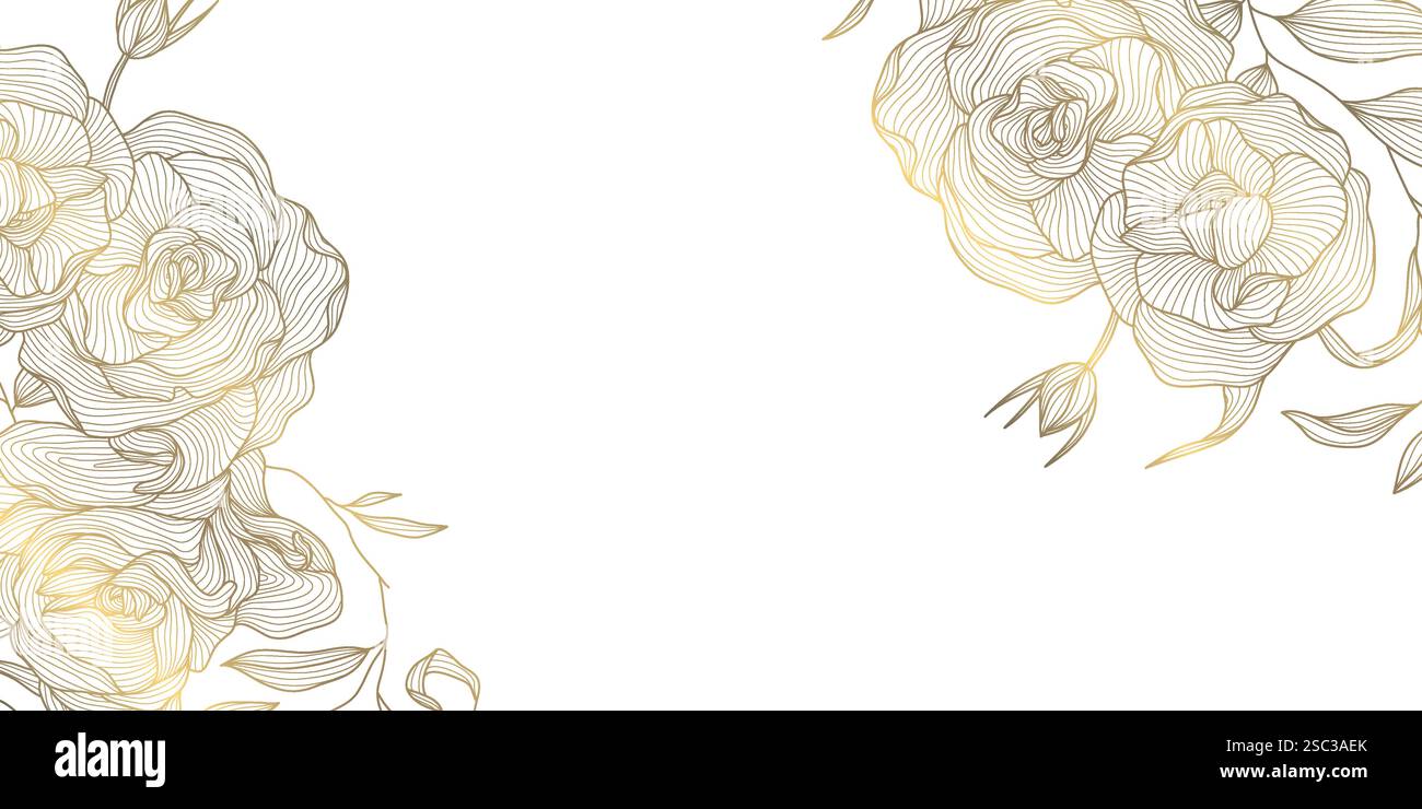 Vector gold rose line background, flower illustration, border, frame ...