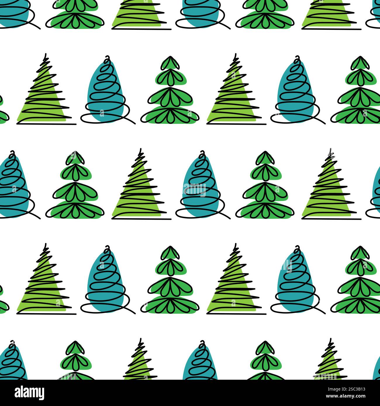 Colorful pattern of stylized trees in green and blue on a white ...