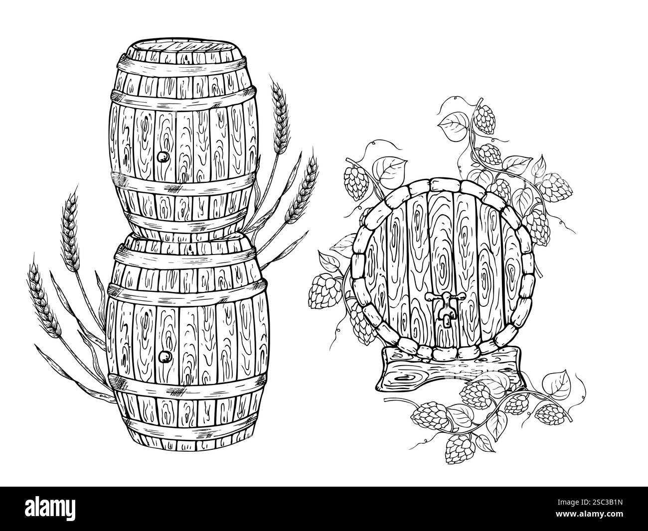 Vector arrangements with wooden barrel for wine, beer, whiskey with a ...