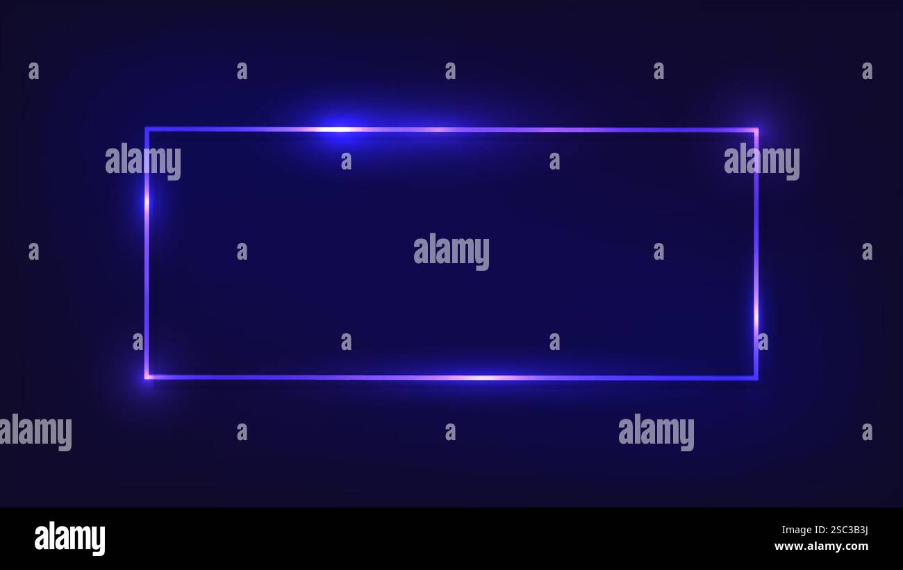 Neon rectangular frame with shining effects on dark background. Empty ...