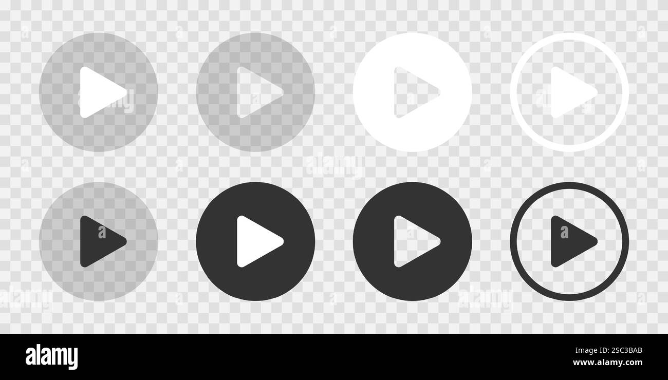 Set of play icons on transparent background texture. Elements for video player. Push, start ...