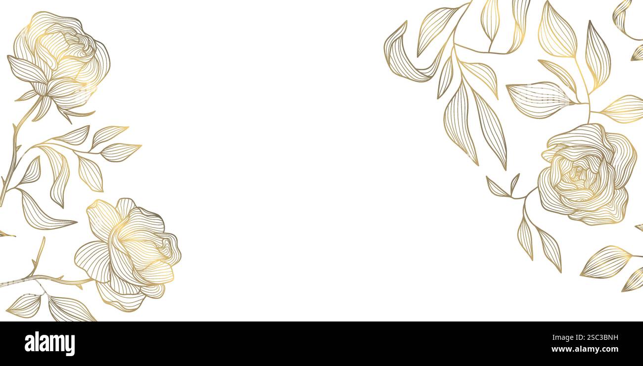 Vector gold rose line background, flower illustration, border, frame ...