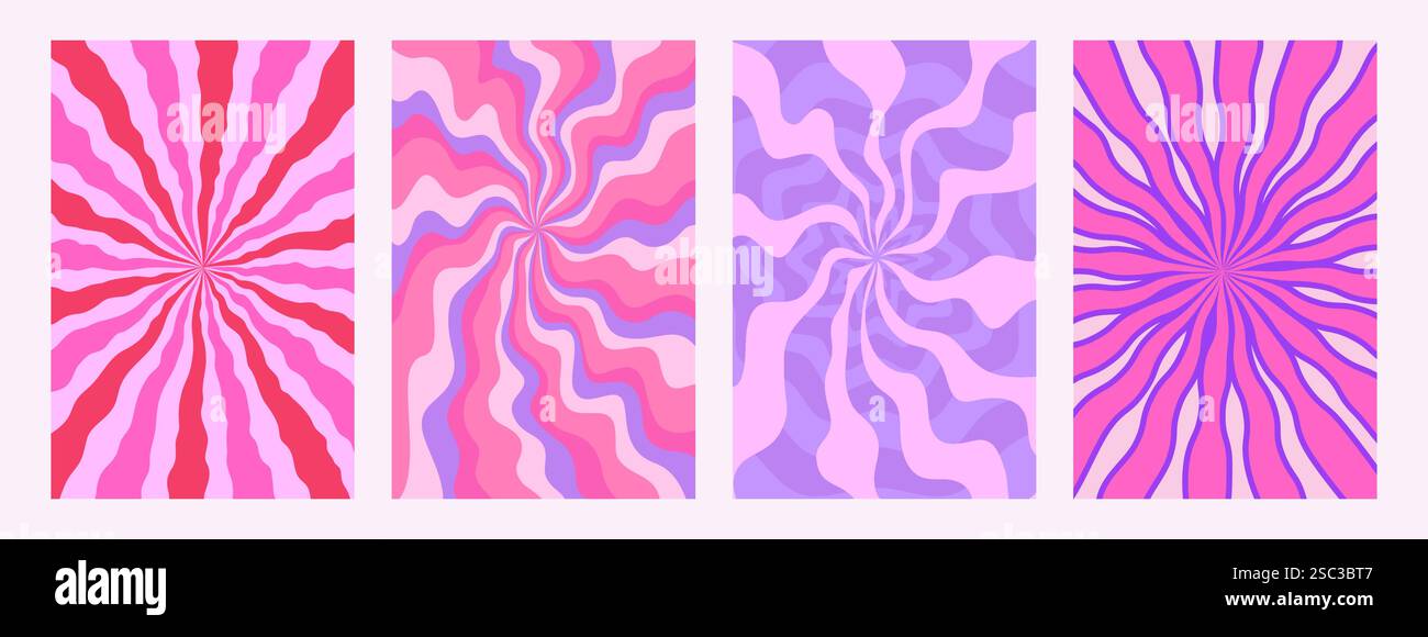 Abstract psychedelic radial wavy stripe pattern set. Groovy sunburst ...