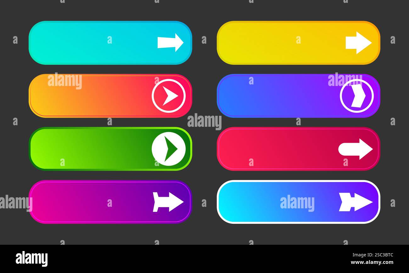 Colorful gradient buttons with arrows. Set of eight modern abstract web buttons. Vector ...