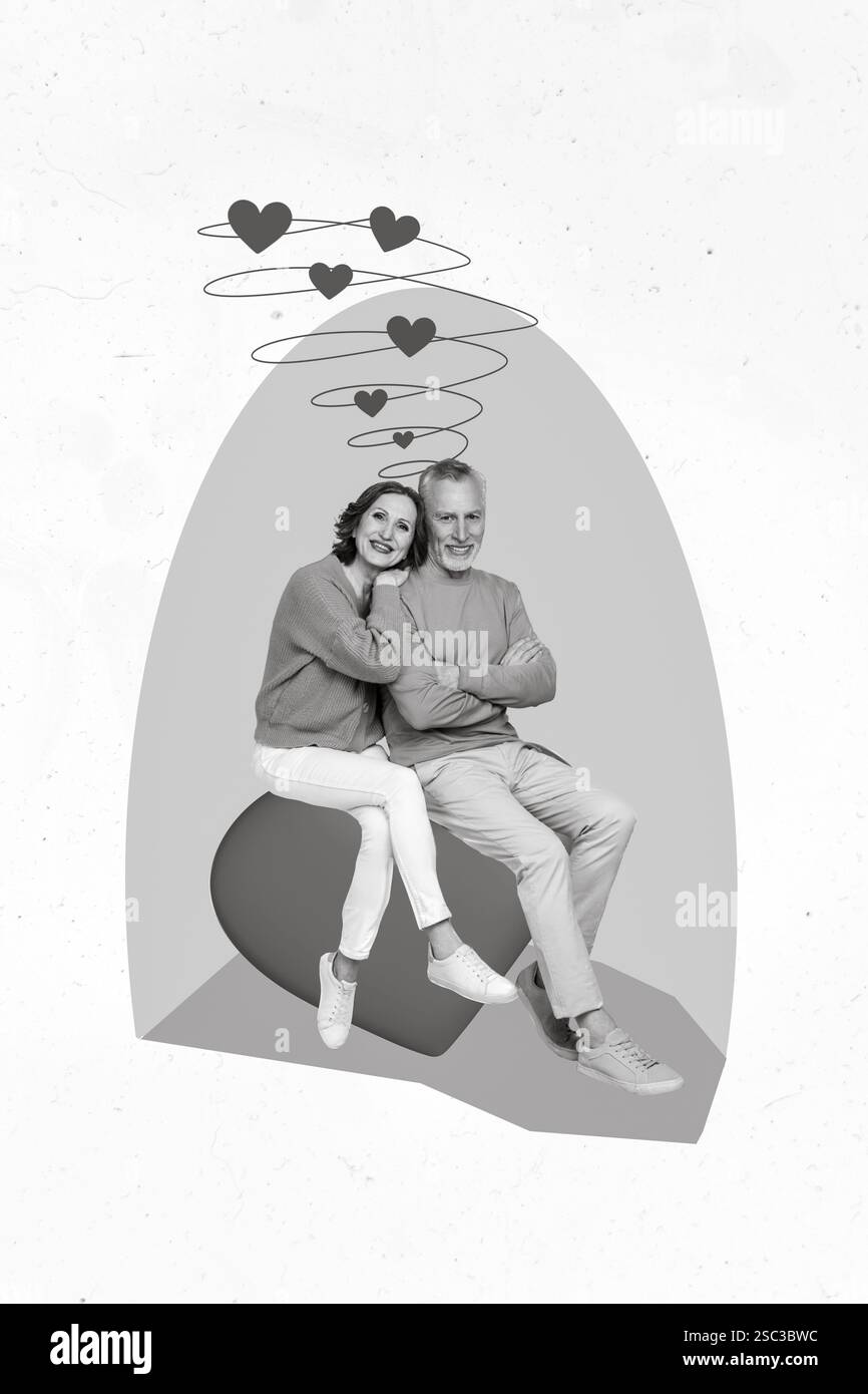 Vertical collage image of two idyllic aged people cuddle drawing hearts ...