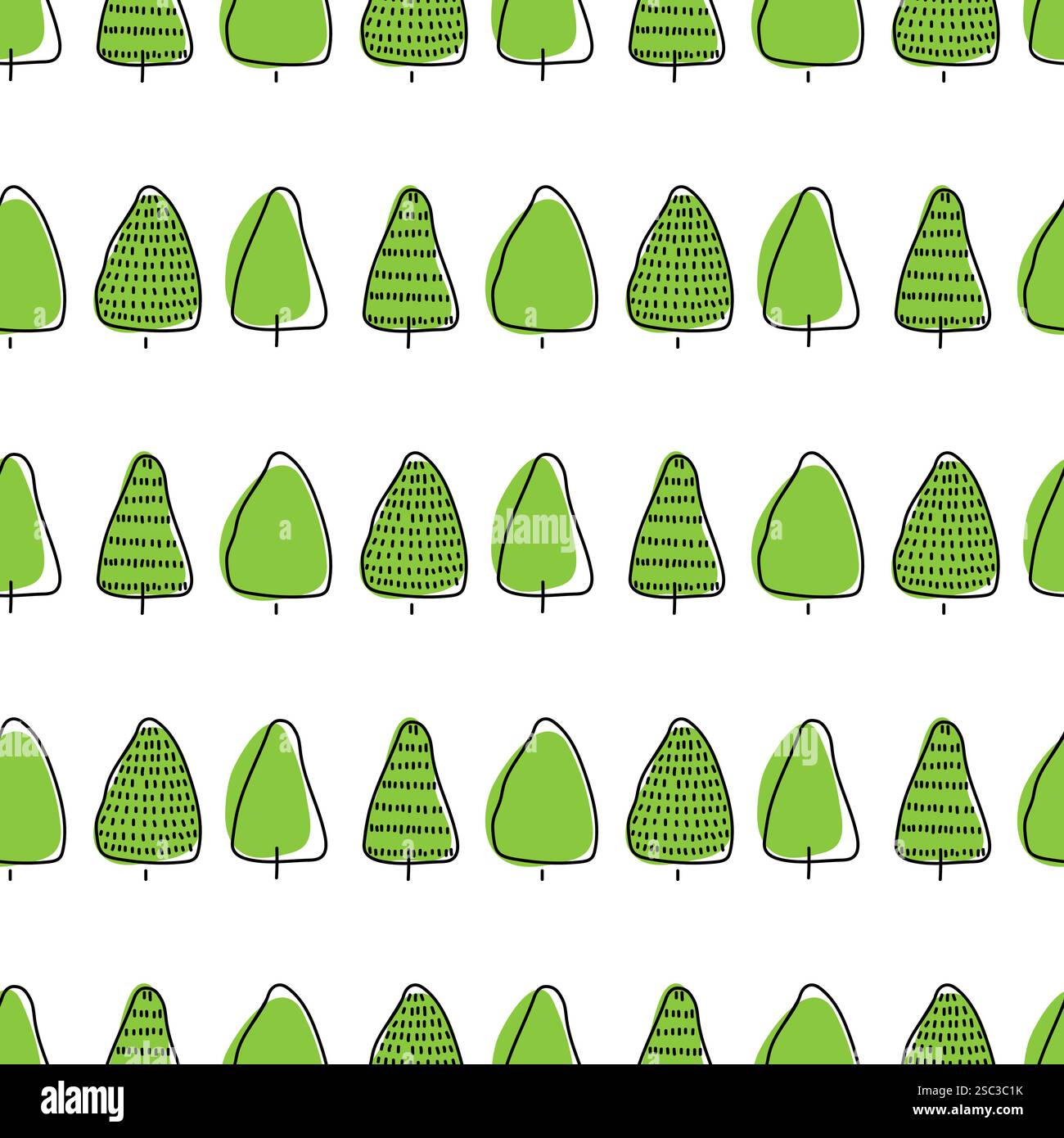 A repetitive design features green trees of different shapes and styles ...