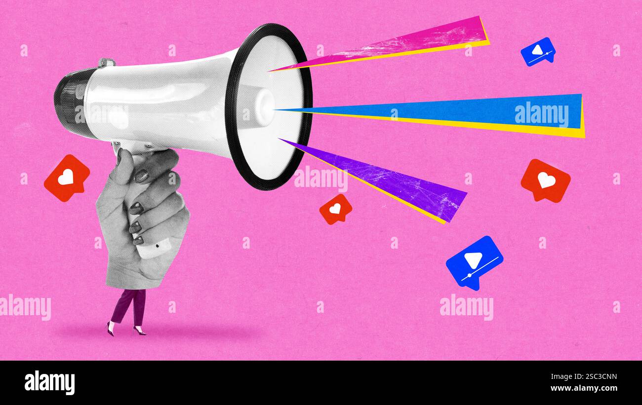 Virtual influence, advertisement, promotion. Hand holding giant ...