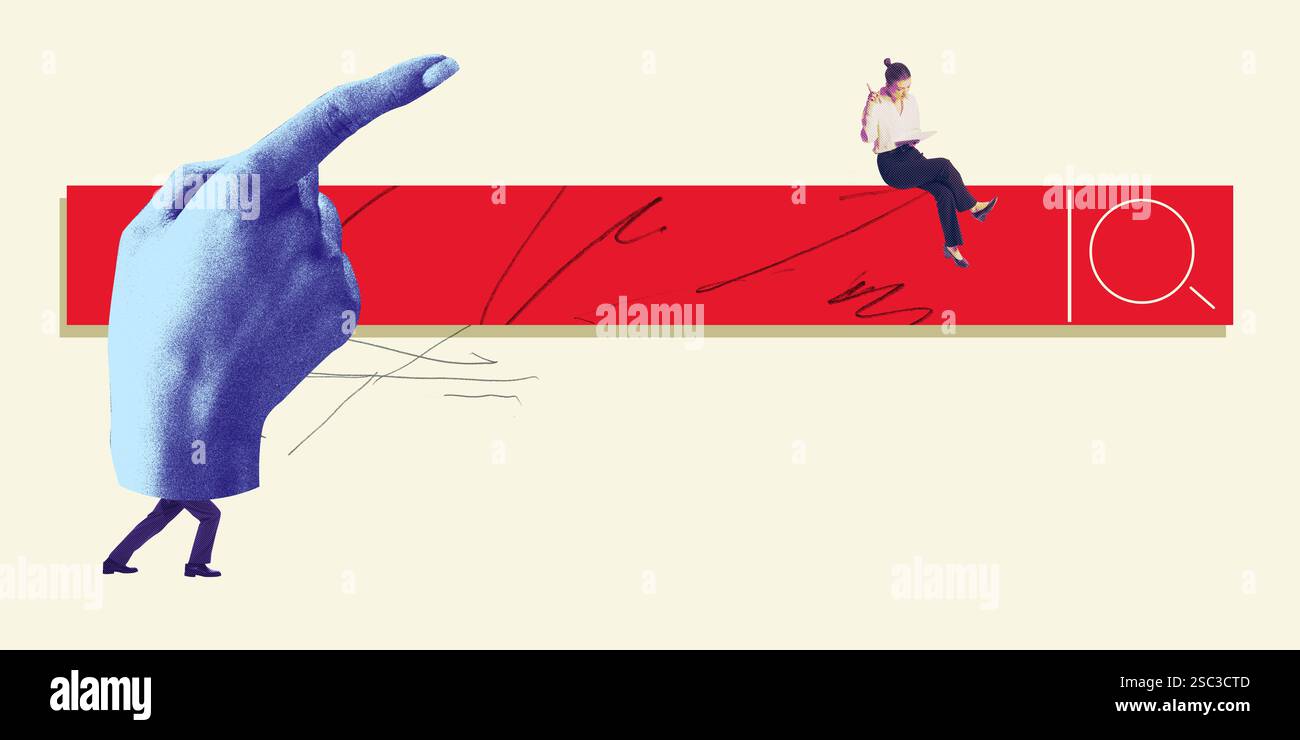 Search and discovery. Giant hand pointing to red search bar ...