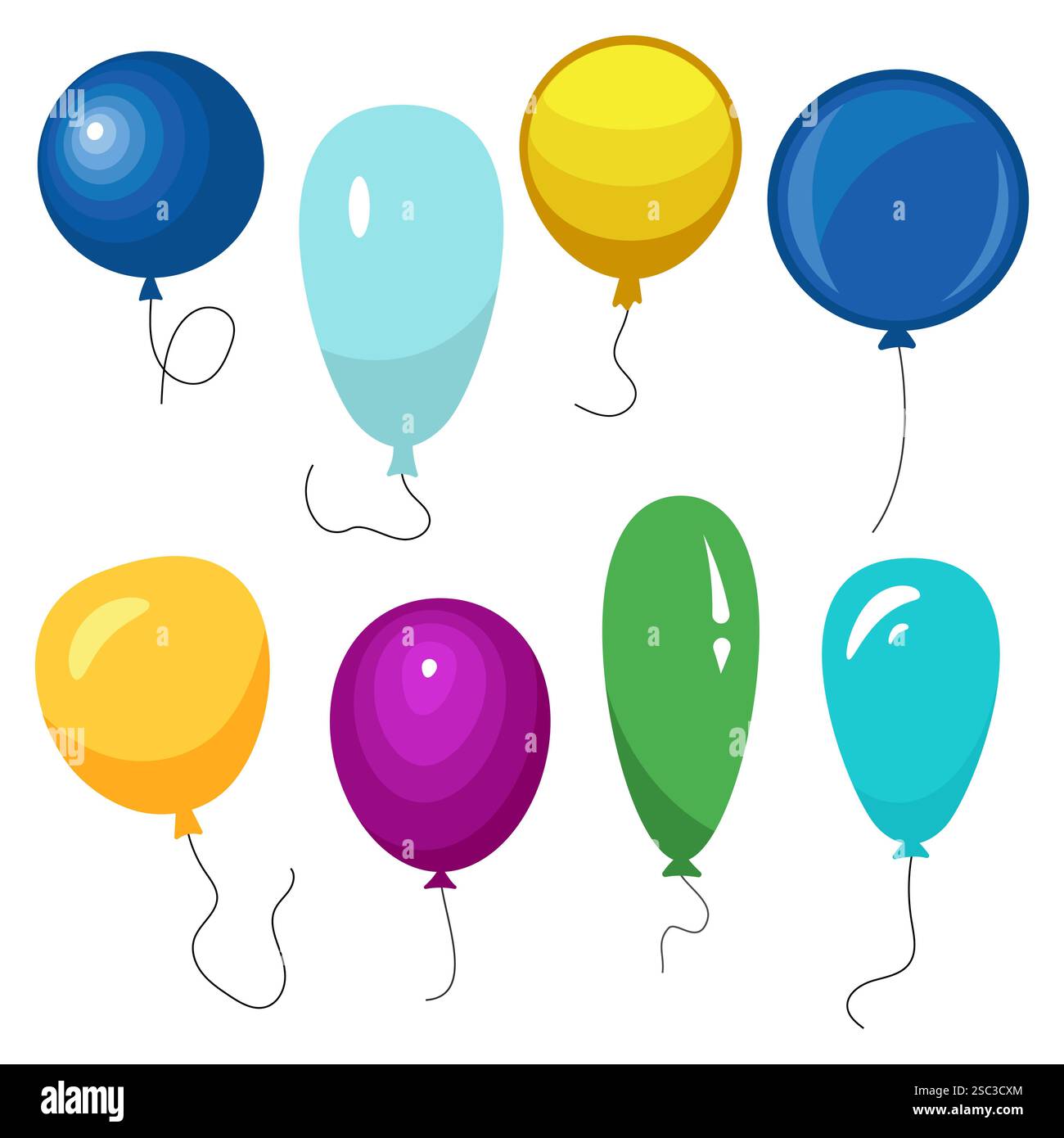 Set of eight colorful balloons with a string isolated on white ...