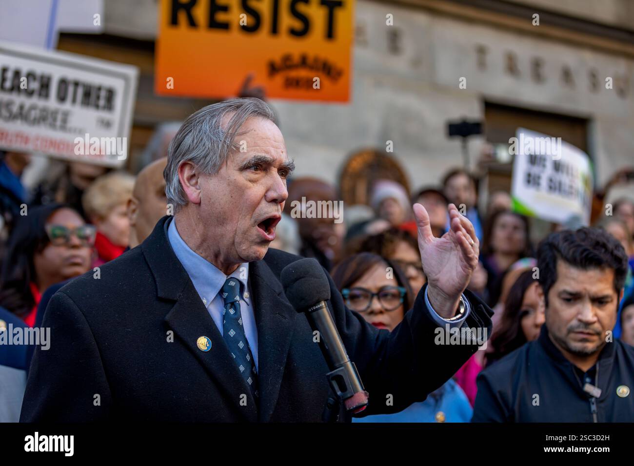 U.S. Rep. Jeff Merkley (D-OR) speaks to a large crowd at the "Nobody ...