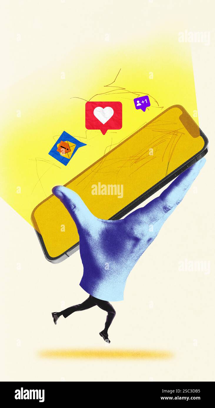 Hand running with large phone with messages and likes flying around ...