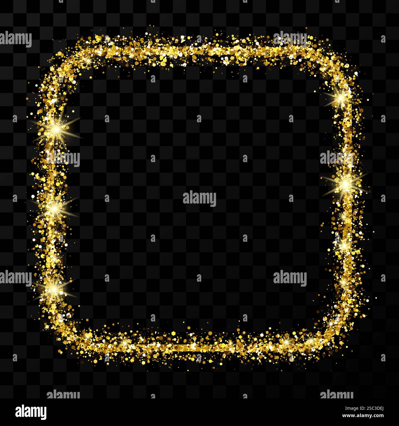 Gold glitter frame. Square with rounded corners frame with shiny sparkles on dark transparent ...