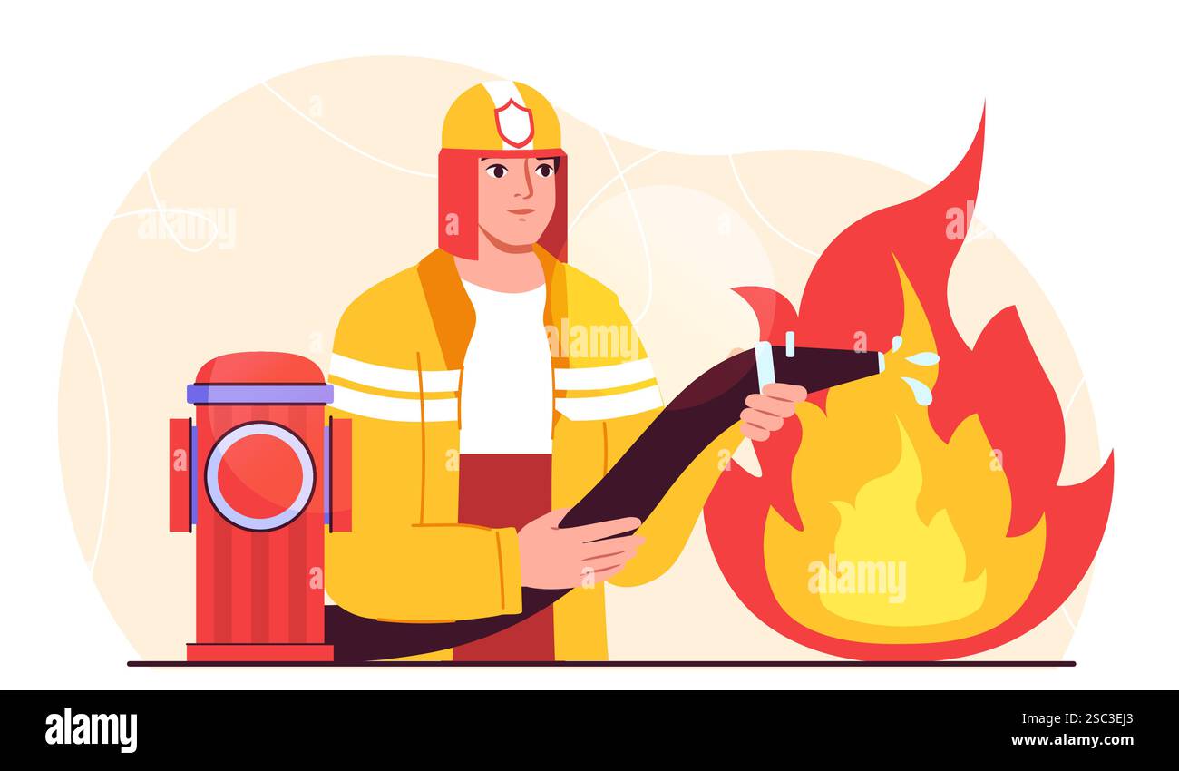 Firefighter puts out fire. Man in protective uniform with fire hose ...