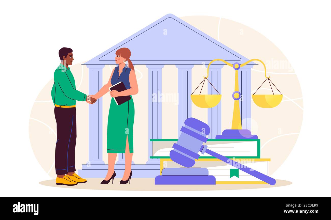 Lawyers near courthouse. Man and woman shake hands near courthouse and ...