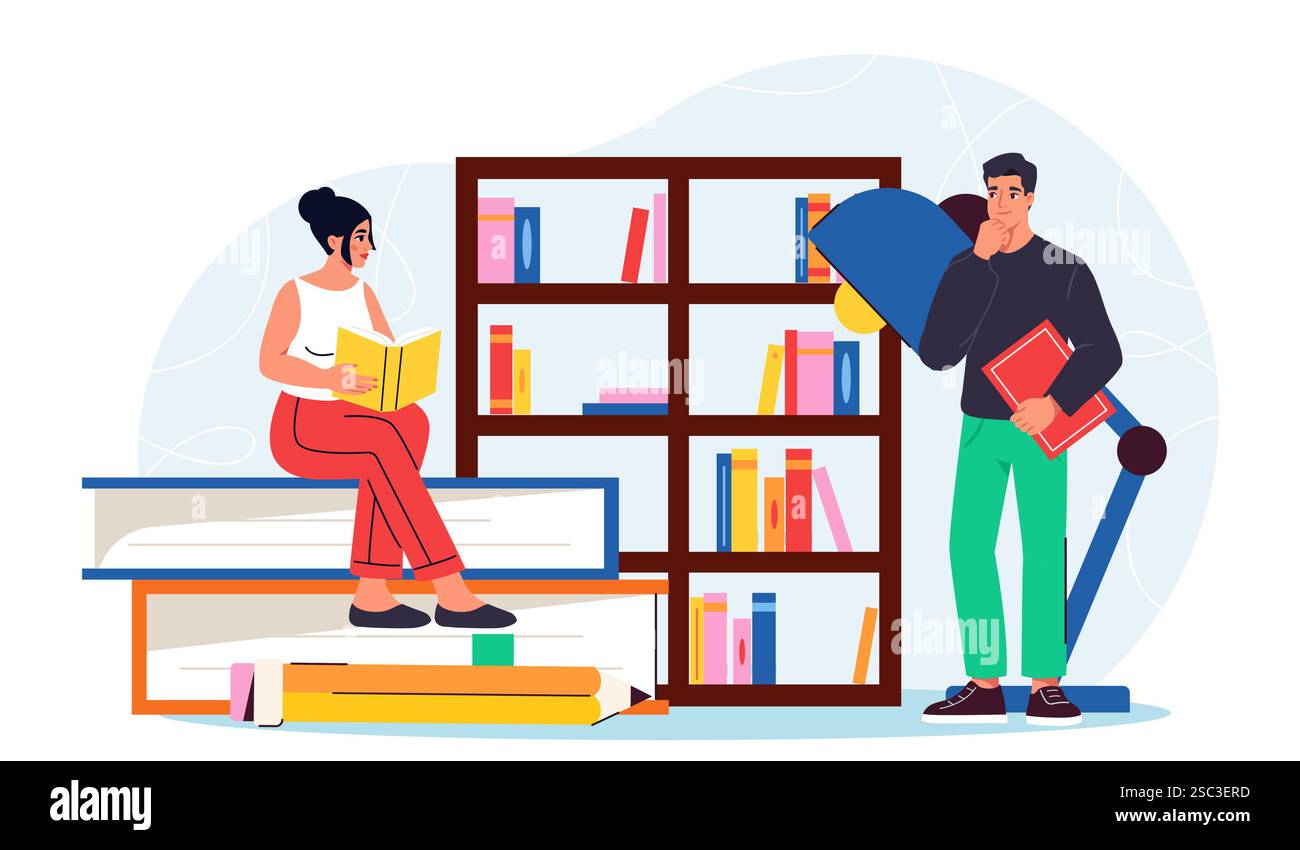 People in library. Woman and man near shelves with books. Education ...