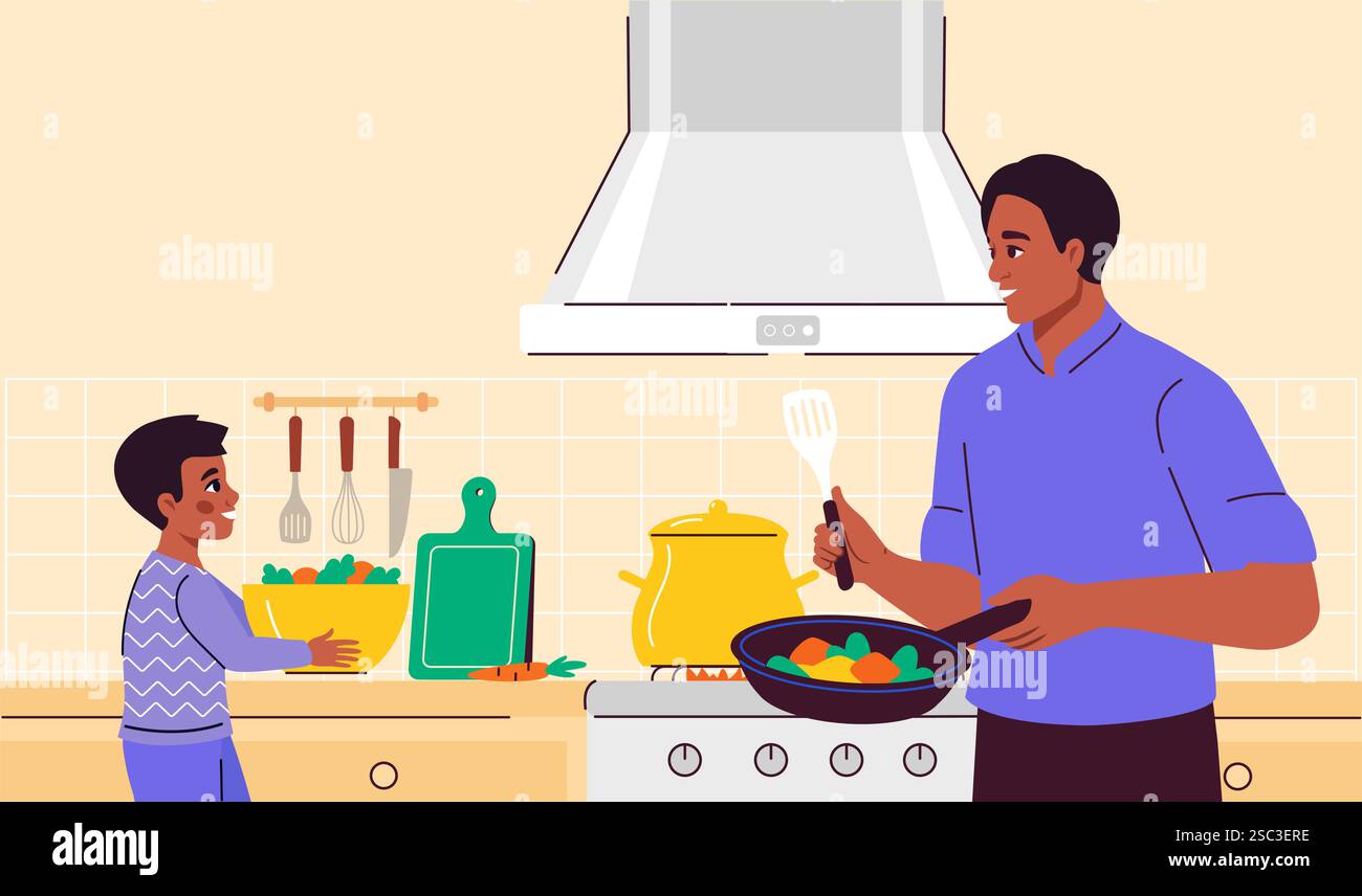 Family cooking in kitchen. Man and boy preparing fried vegetables ...