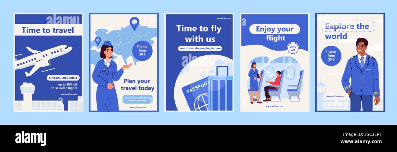 Airline company flyers set. Stewardess and pilot on airplane. Travel ...