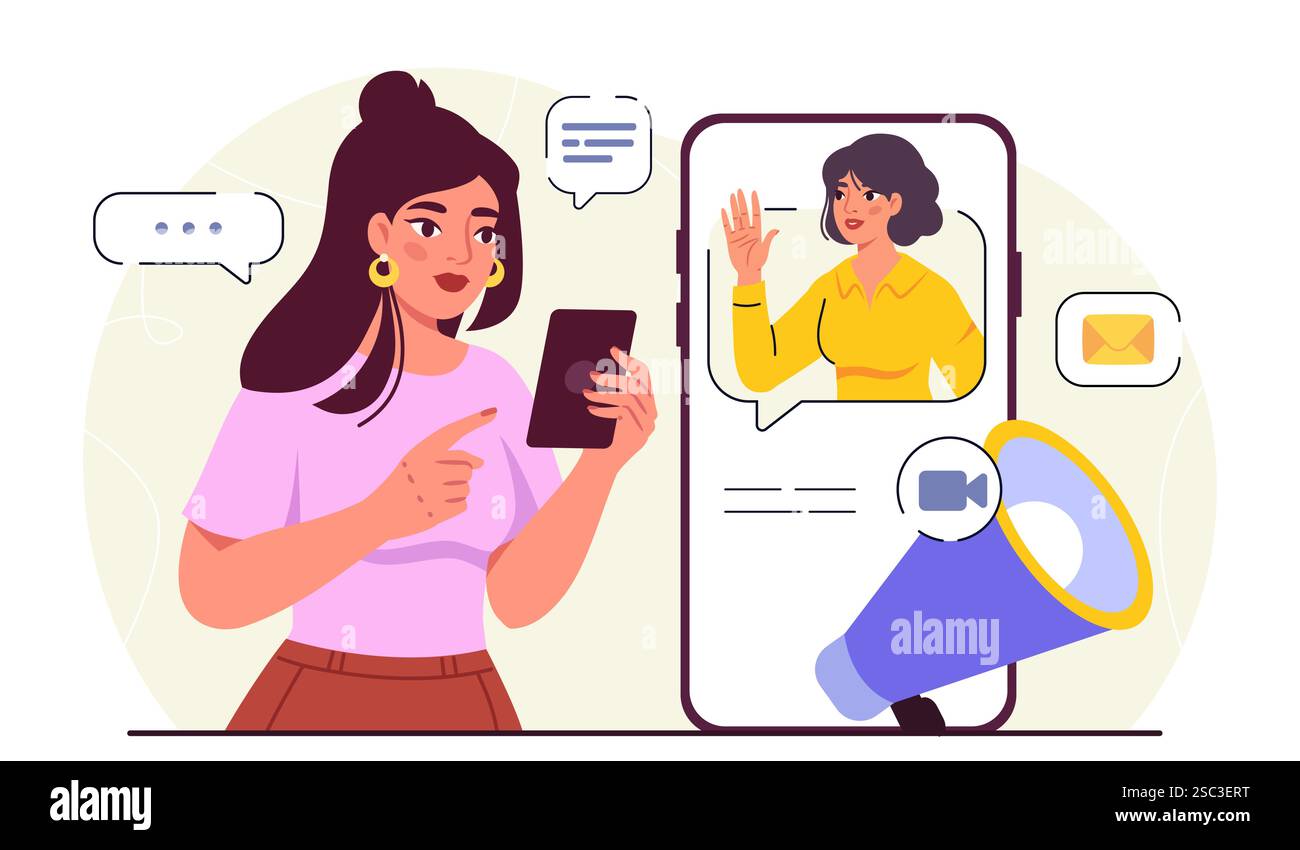 Communication in social networks. Woman communicates with friend on ...