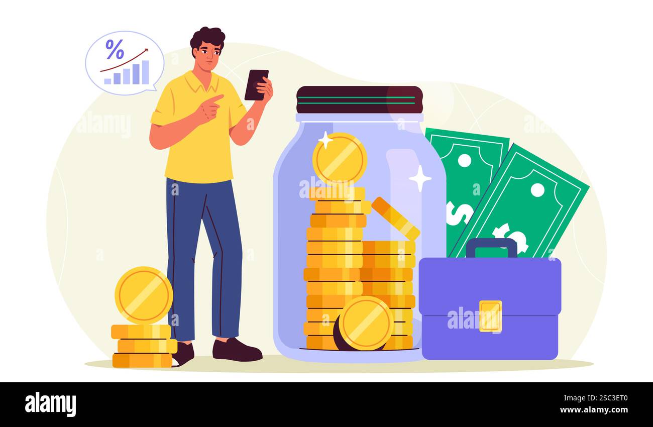 Man with profit. Young guy near briefcase and glass jar with gold coins ...