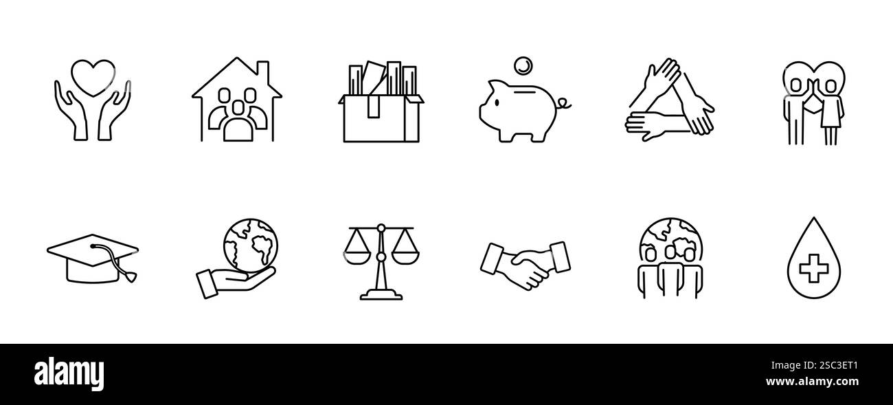 Human care icons set. Hands with heart and planet. Volunteering and ...