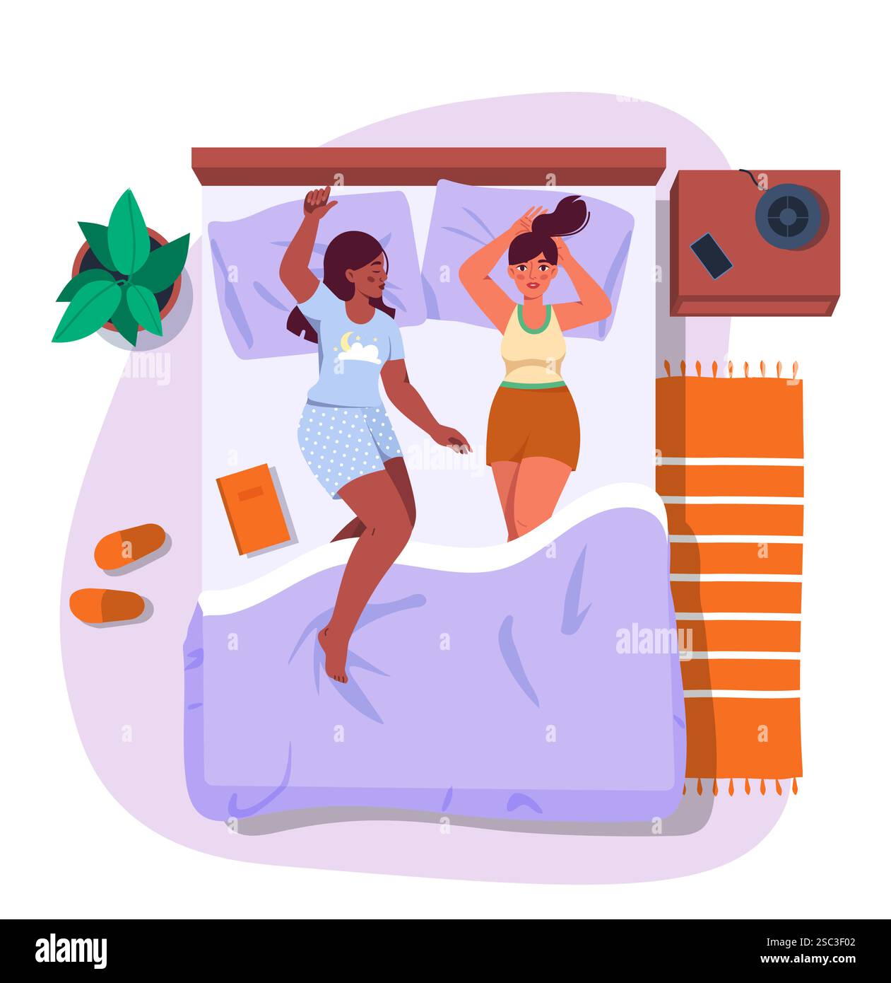 Girls relaxing on bed. Top view of women resting in bed. Comfort and ...